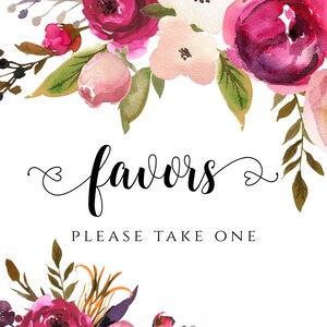 Pink Floral Watercolor Favors Sign Template, Please Take One, Printable ...