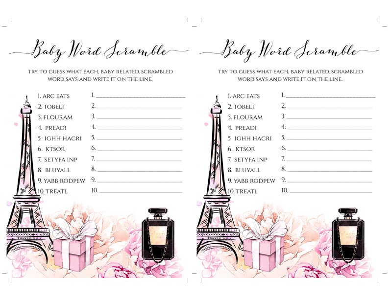 Paris Baby Word Scramble Game Template, Printable French Baby Shower ...