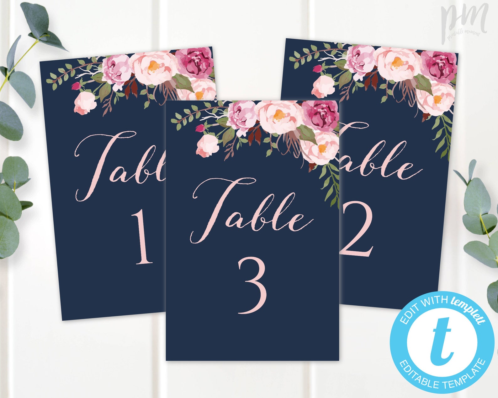 Blue Pink Wedding Table Number Template DIY Table Number | Etsy
