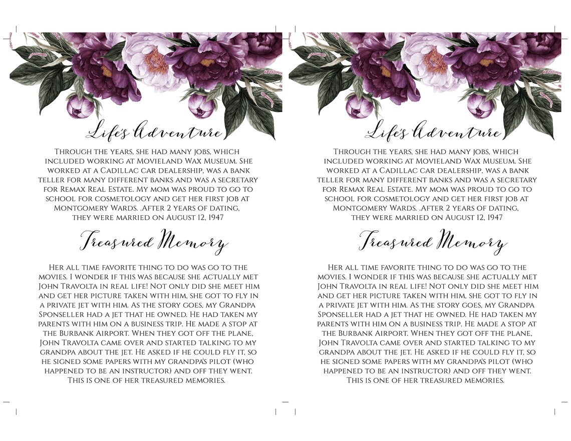 Lavender Floral Obituary Template Front Back Memorial | Etsy