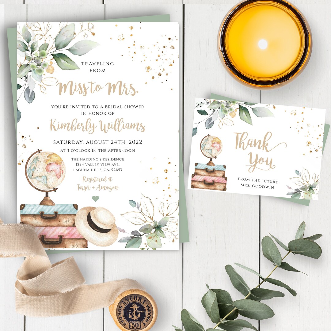 Greenery Traveling From Miss to Mrs Invitation Template, Eucalyptus ...
