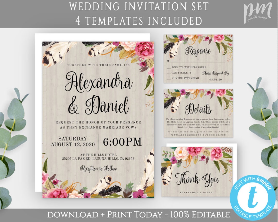 Bohemian Floral Wedding Invitation, Bohemian Wedding Template Set, Boho ...