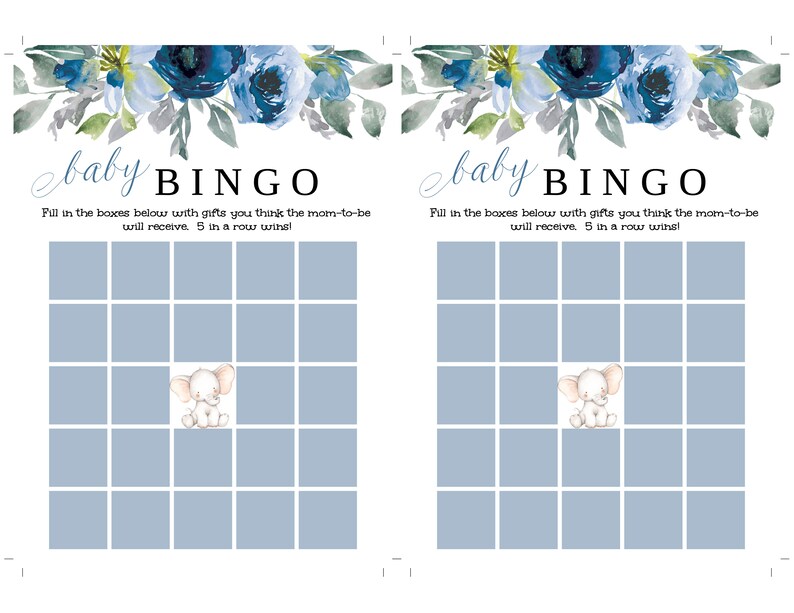Blue Elephant Baby Shower Bingo Game Template Blue Baby - Etsy