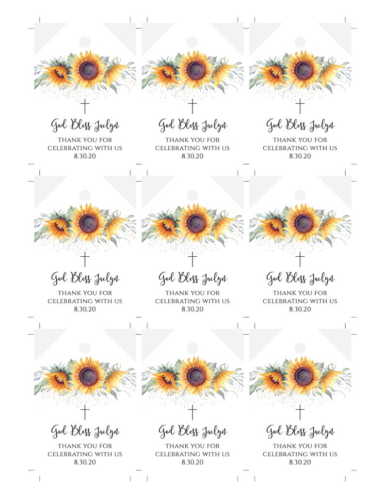 Sunflower Baptism Favor Tag Template Set Editable Sunflower - Etsy