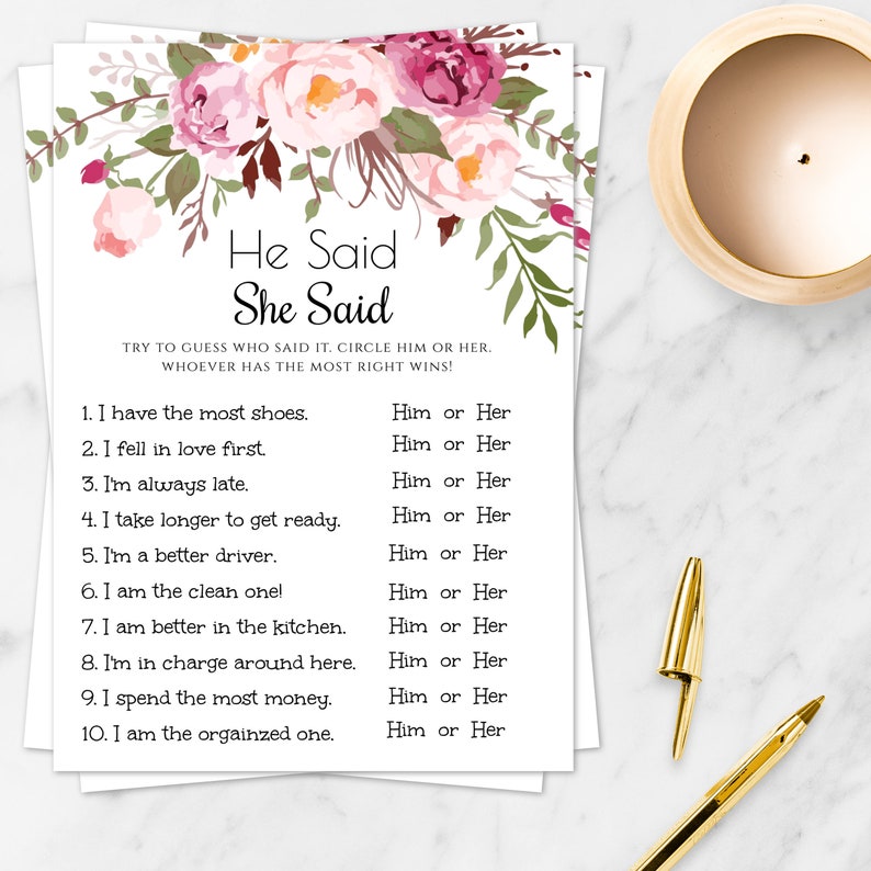 Pink Floral Boho He Said She Said Game Template for Bridal | Etsy