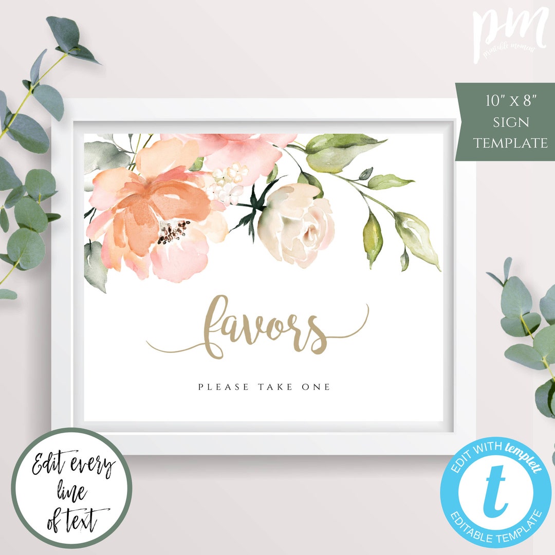 Peach Floral Favors Sign Template, Peach Favors Sign, Bridal Shower ...