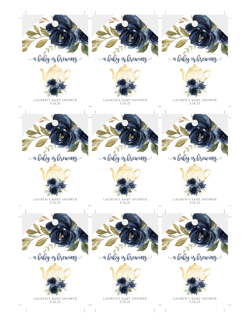 Blue Floral Favor Tag Template Twin Boy Tag Personalized Tea - Etsy