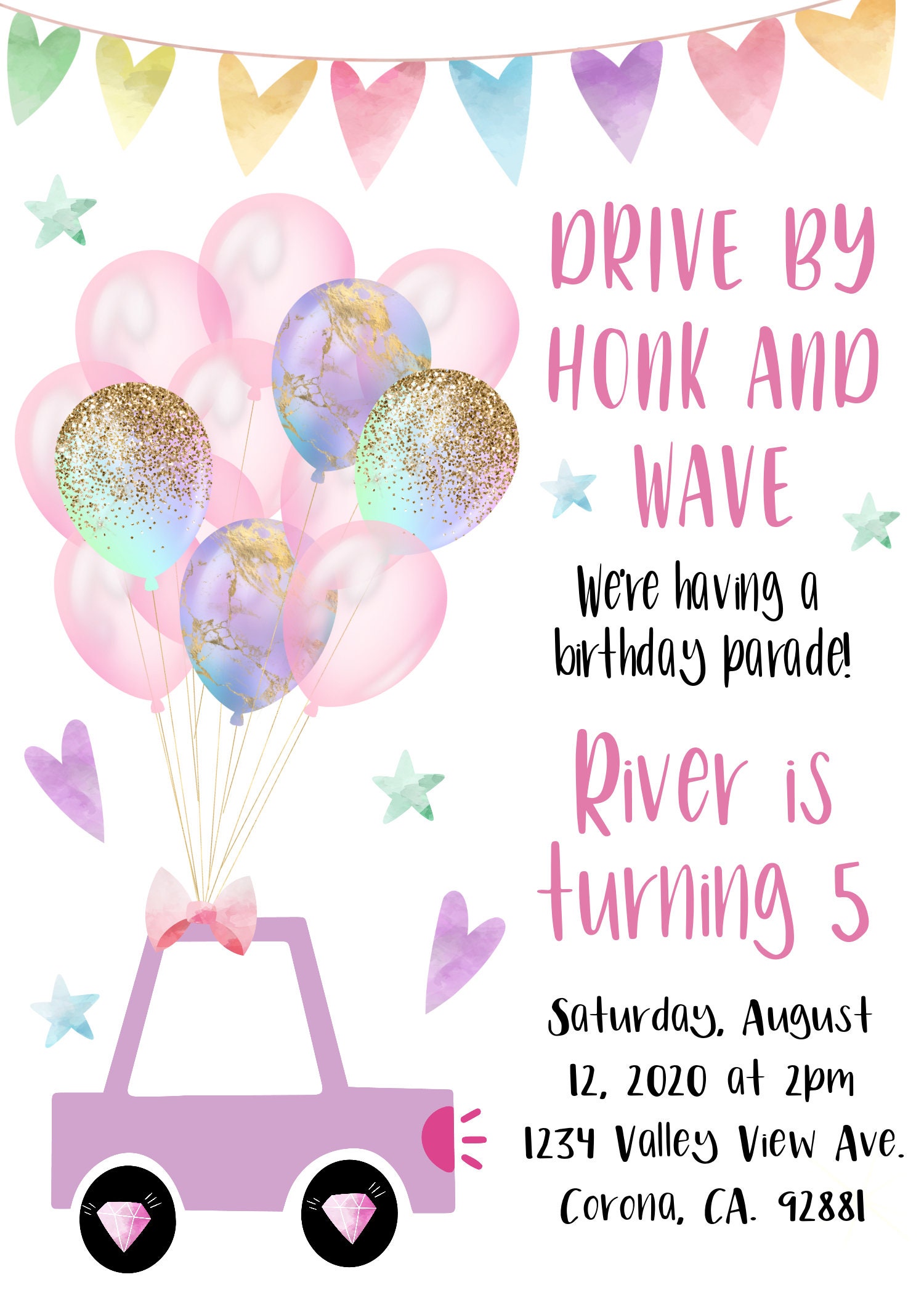 Pink Drive by Kid's Birthday Parade Invitation Template - Etsy