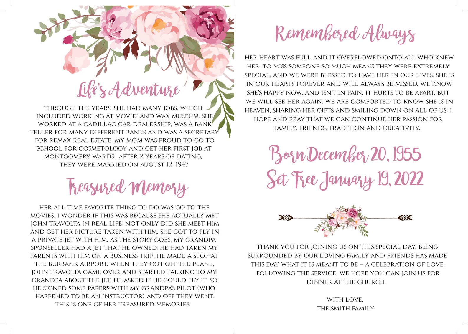 Pink Floral Funeral Template Printable Funeral Template | Etsy