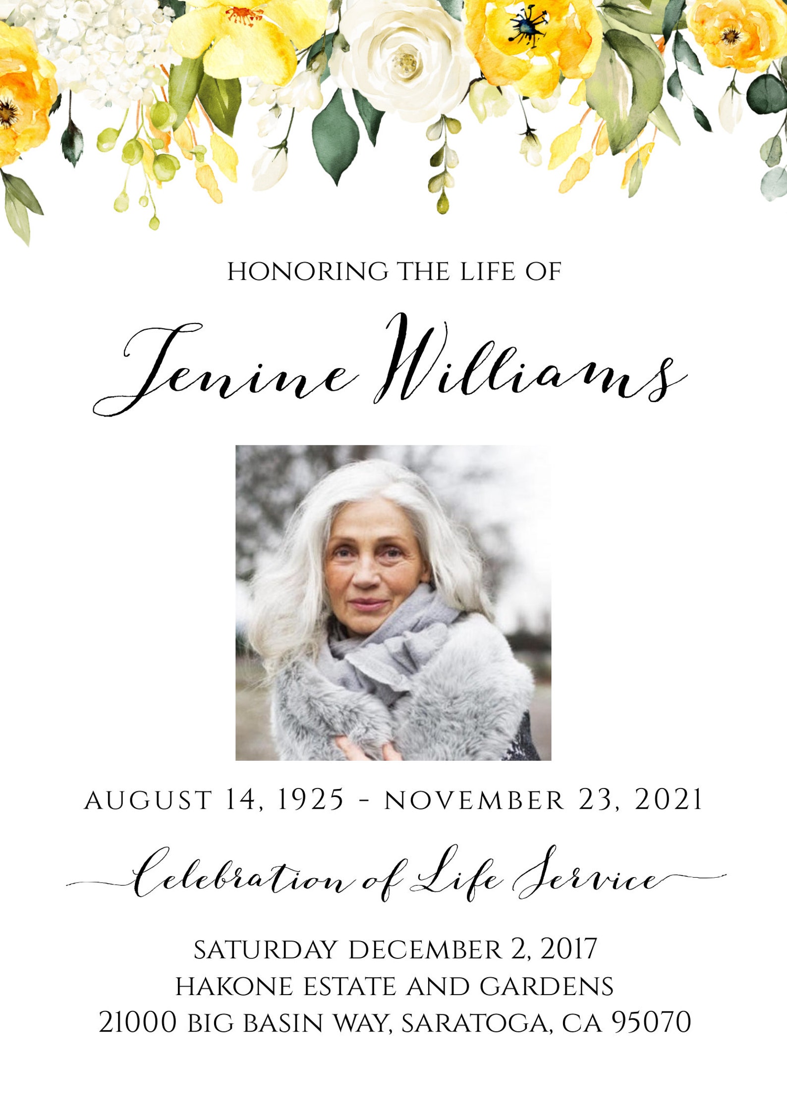 Yellow Floral Funeral Template, Printable Funeral Template, Instant ...