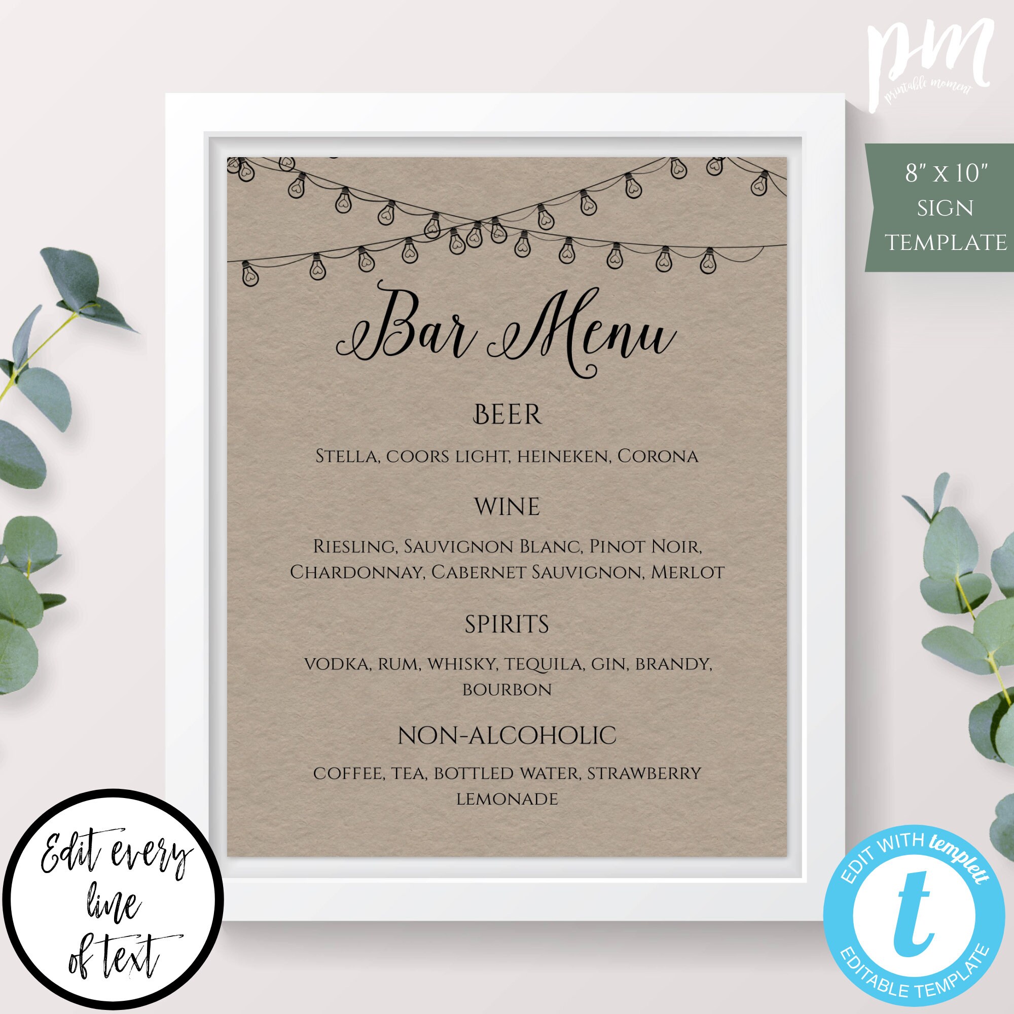 Rustic Bar Menu Sign Template With String Lights Printable | Etsy