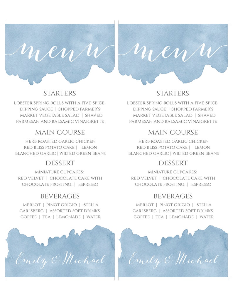Dusty Blue Menu Template for Wedding, DIY Editable Blue Watercolor Menu ...