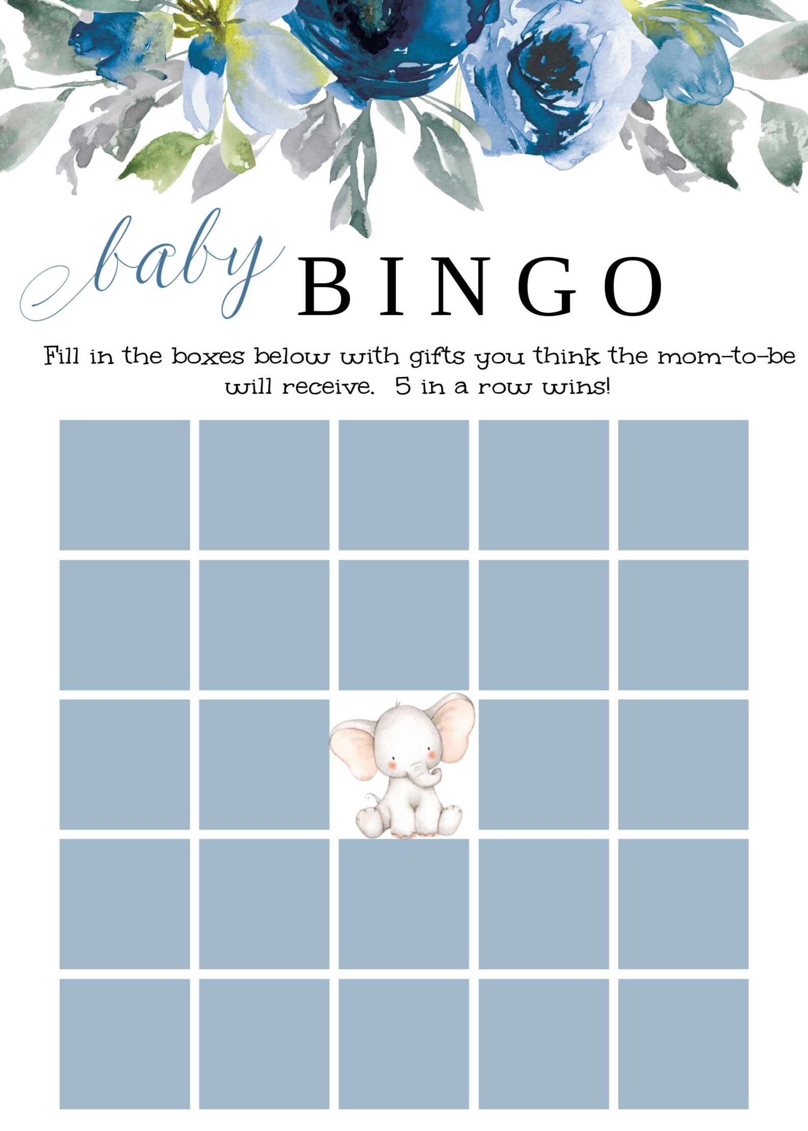 Blue Elephant Baby Shower Bingo Game Template, Blue Baby Shower Game ...