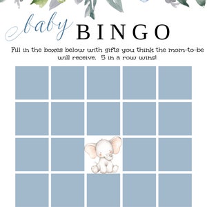 Blue Elephant Baby Shower Bingo Game Template, Blue Baby Shower Game ...
