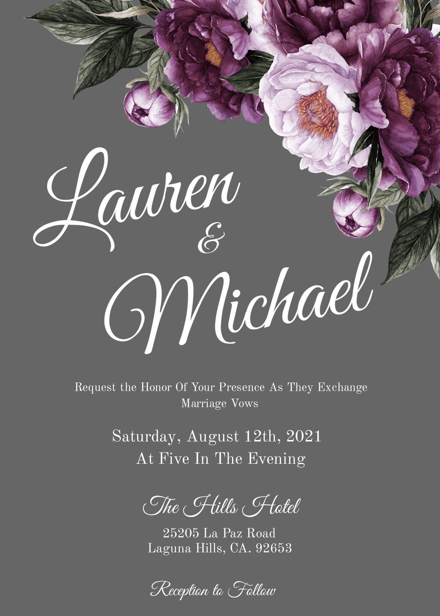 Purple and Gray Floral Wedding Invitation Template, Gray Wedding Invite ...