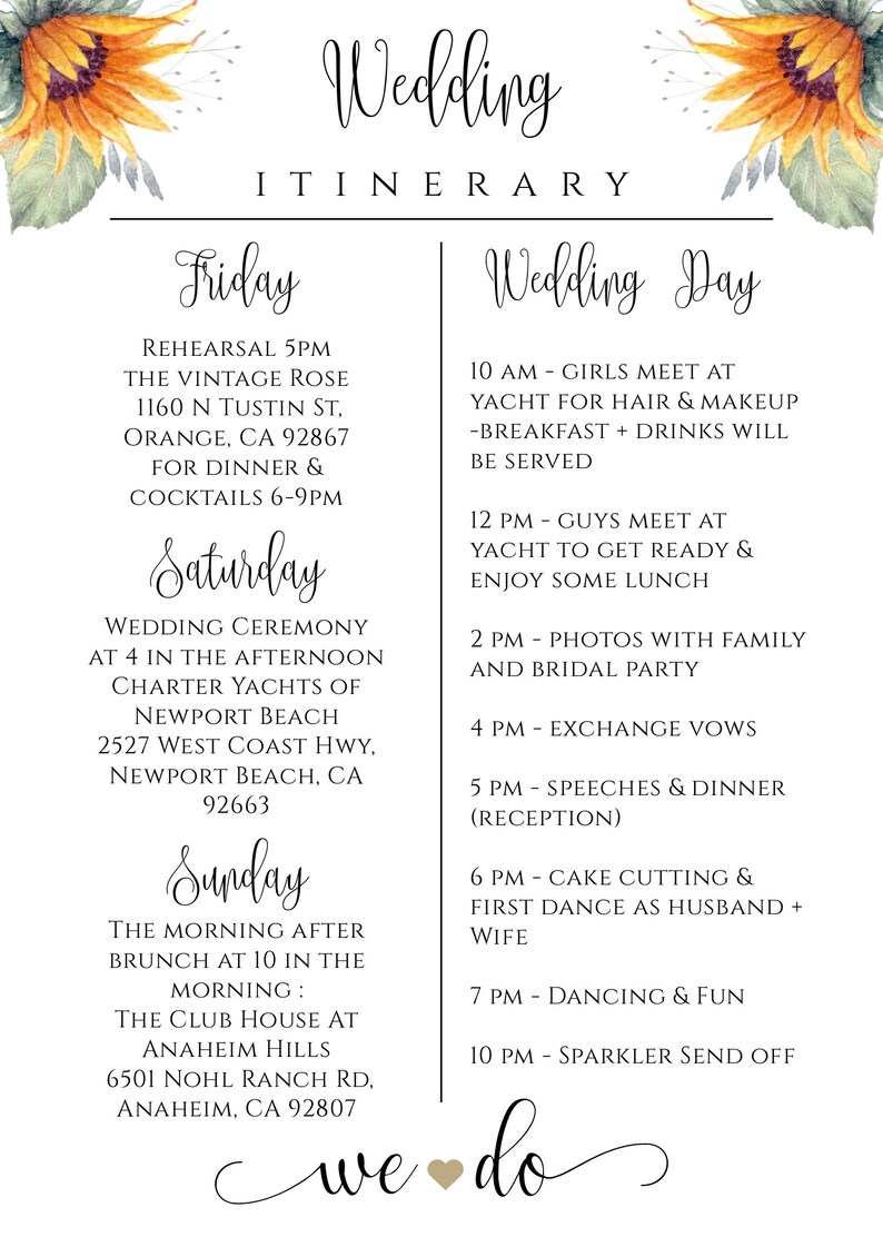 Sunflower Wedding Itinerary Template Download, Printable Fall Wedding ...