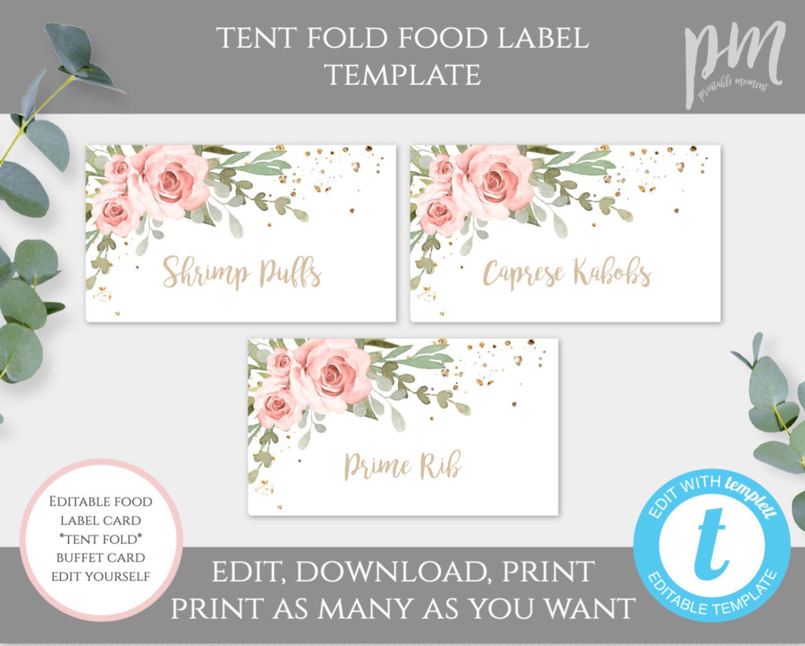 Pink Floral Watercolor Flower Food Label Card Template - Etsy