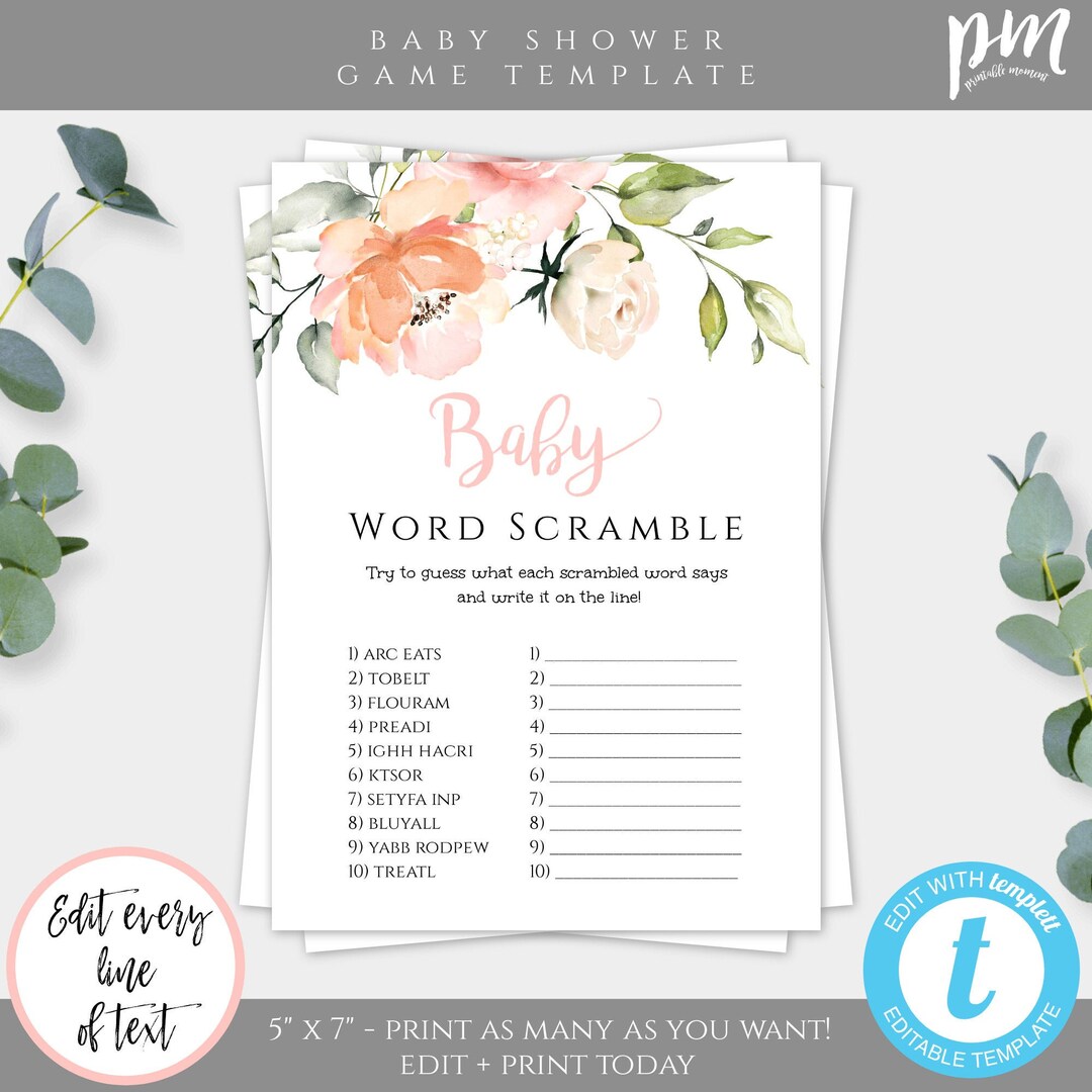 Baby Word Scramble Shower Game Template, Girl Baby Shower Activity ...