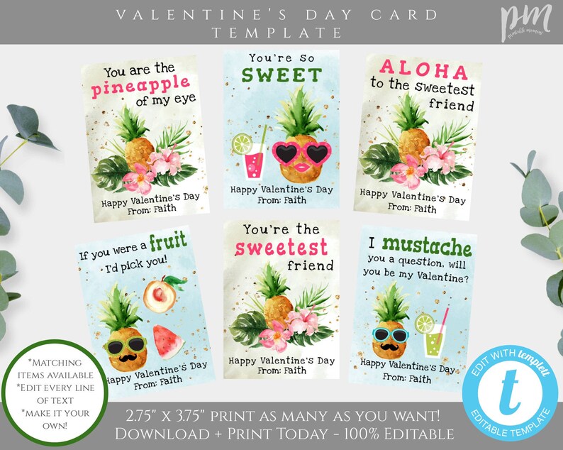 Pineapple Valentines Cards for Kids, Tropical Valentines Cards for ...