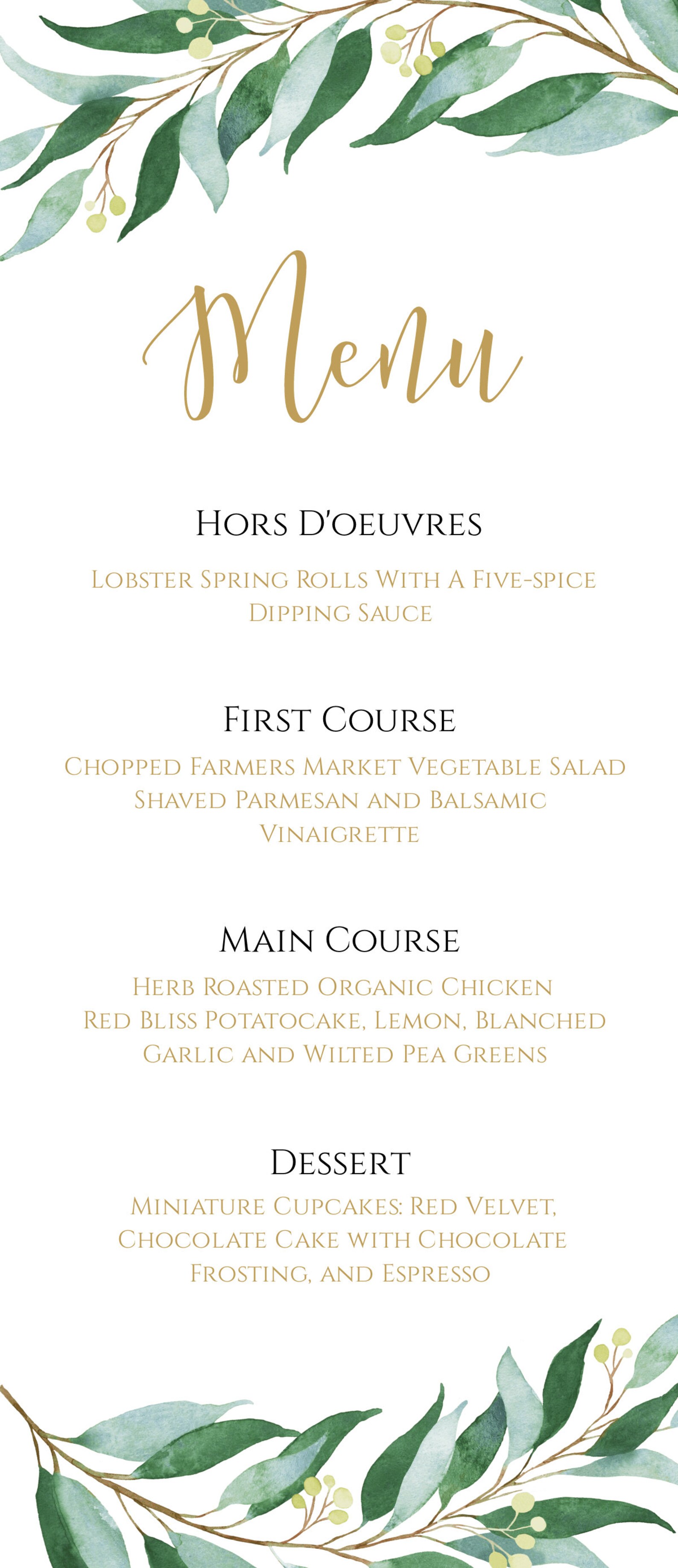 Greenery Wedding Menu Template Printable Green and Gold Menu | Etsy
