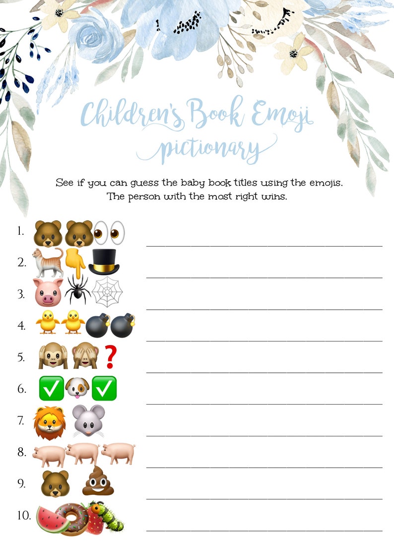 Blue Floral Children's Book Emoji Pictionary Game - Etsy