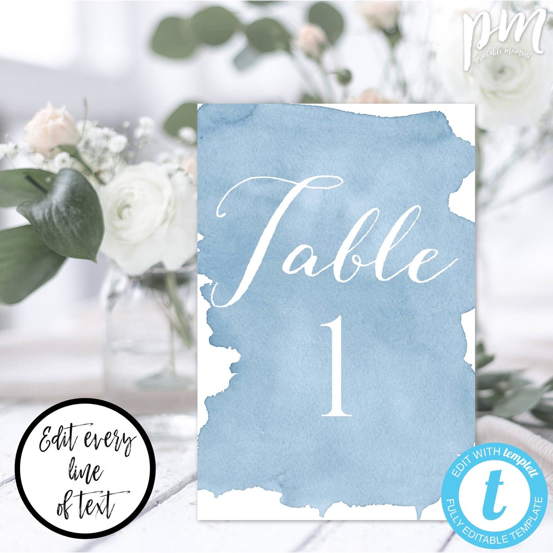 Dusty Blue Table Number Template for Wedding, Editable Light Blue ...