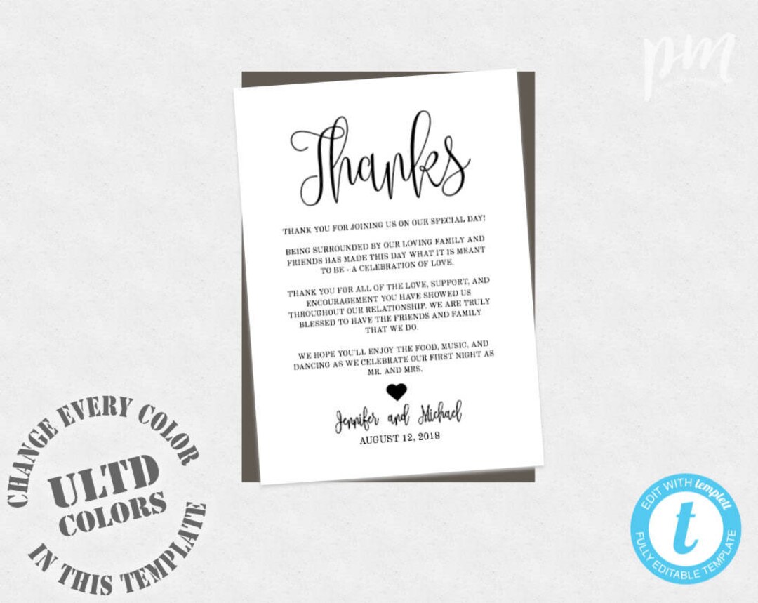 Script Thank You Card Template for Wedding, Printable Black + White ...