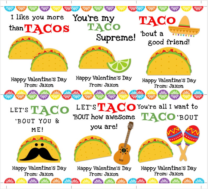 Taco Valentine Card Template Taco Valentines Cards for Kids - Etsy ...