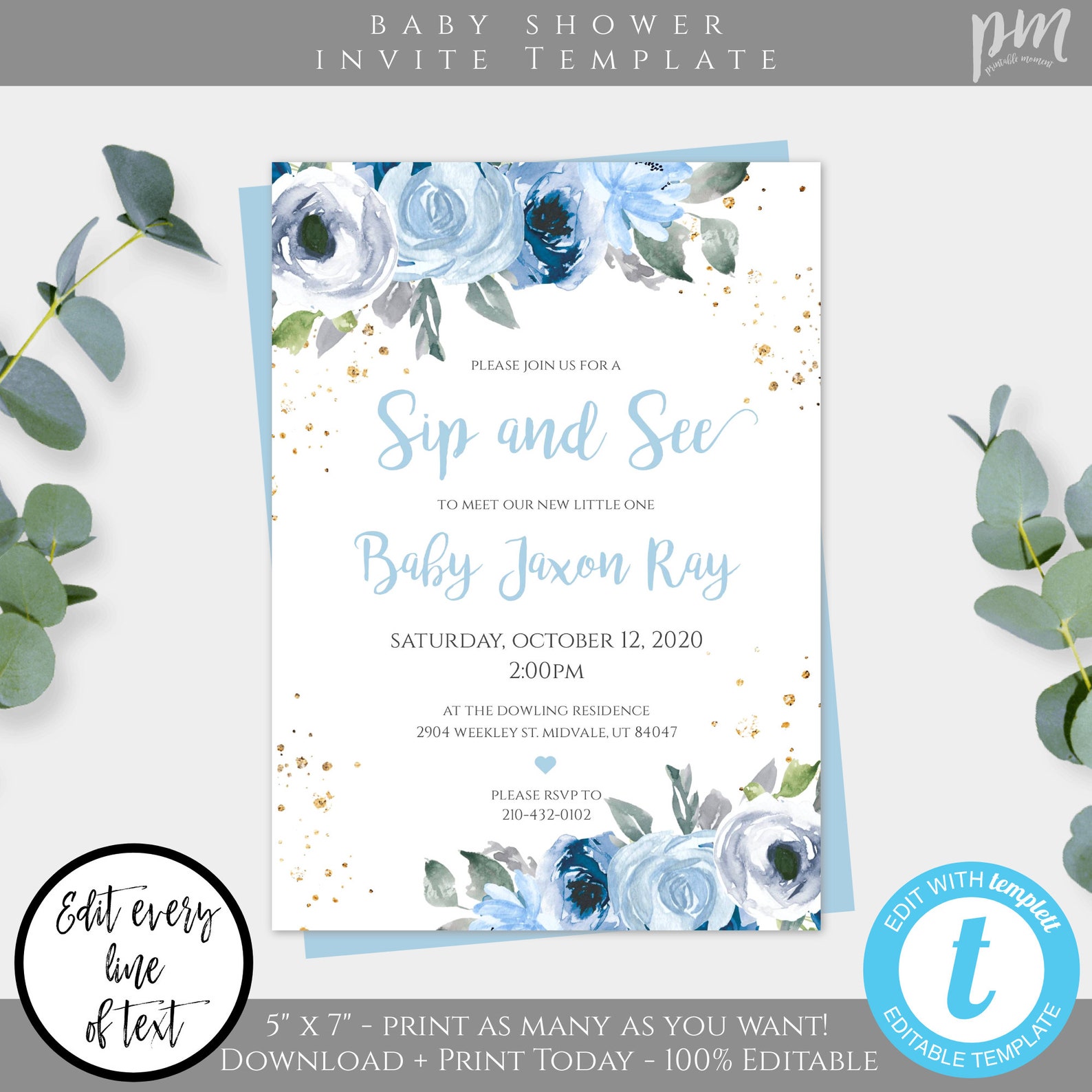 Blue Floral Sip and See Invitation Template for Boy, Meet and Greet ...