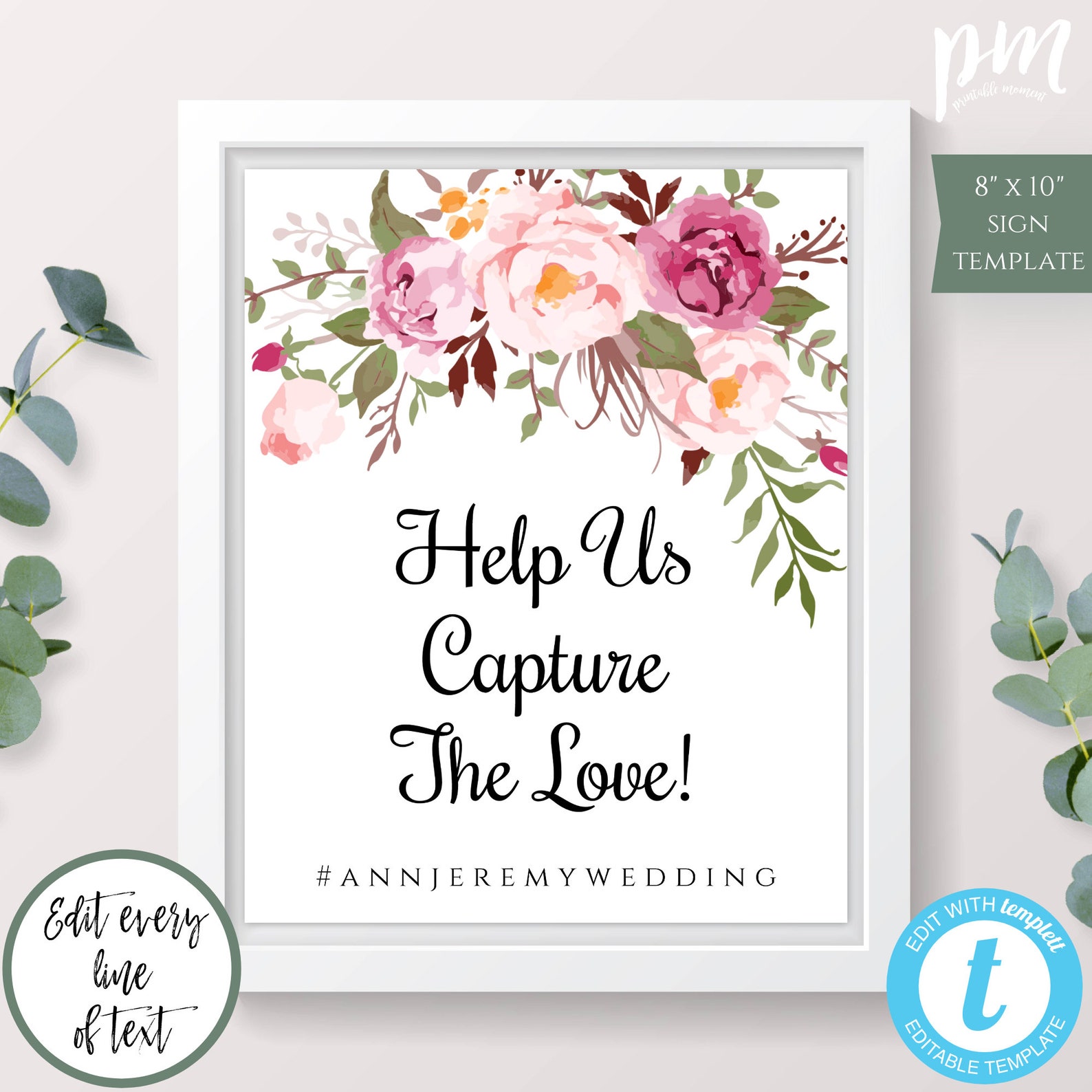 Pink Floral Hashtag Wedding Sign Template, Custom Hashtag Sign ...