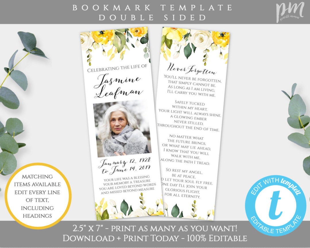 Personalized Bookmark for Funeral, Yellow Floral Custom Bookmark ...