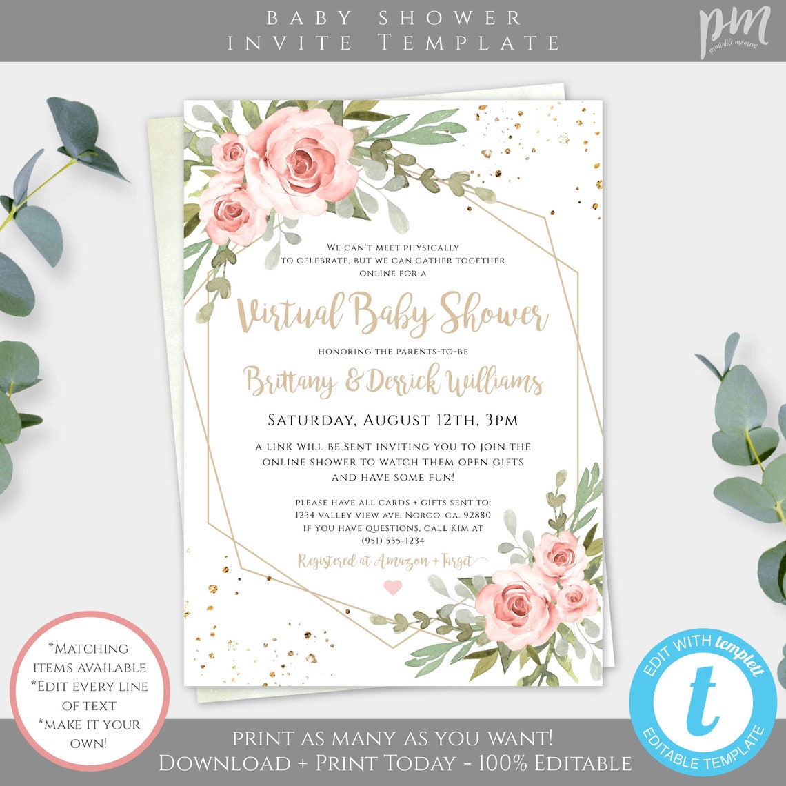 Virtual Baby Shower Invitation Template, Editable Pink Floral Invite ...