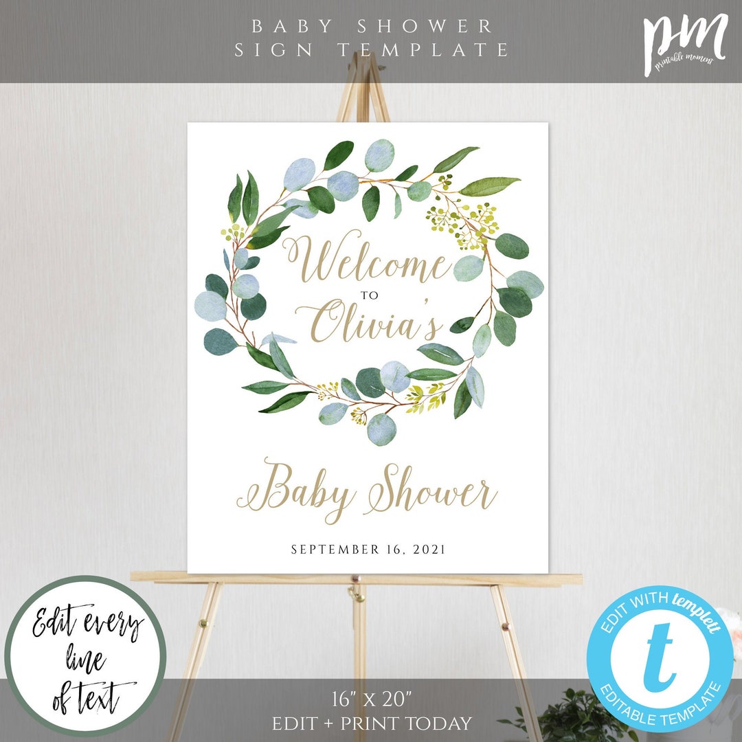 Greenery Baby Shower Welcome Sign Template, DIY Welcome Baby Shower ...