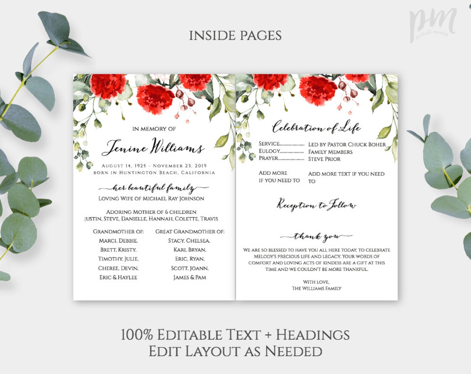 Red Floral Funeral Program Greenery Memorial Program | Etsy