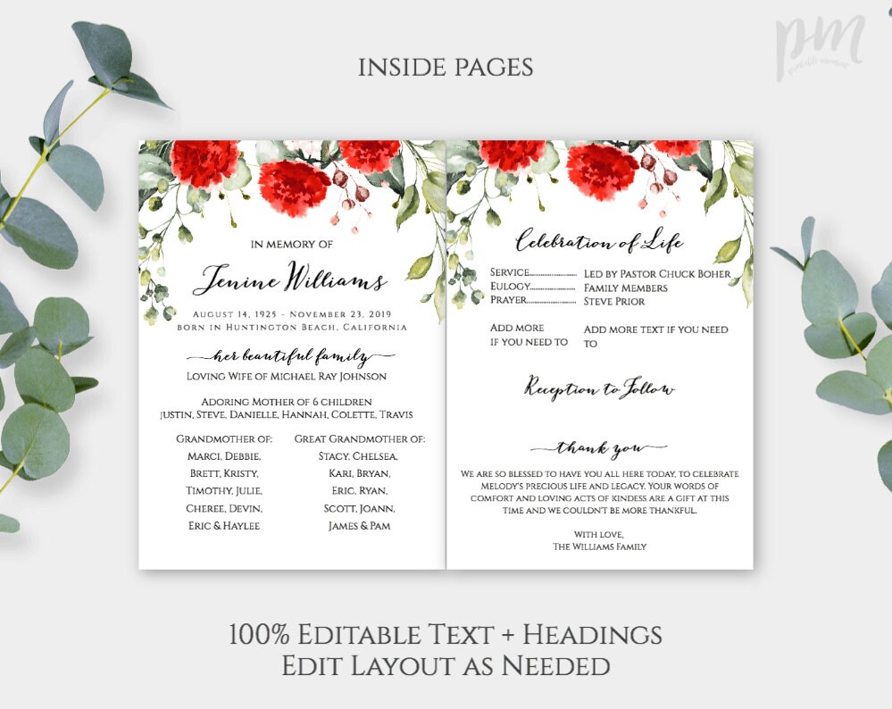 Red Floral Funeral Program Greenery Memorial Program - Etsy