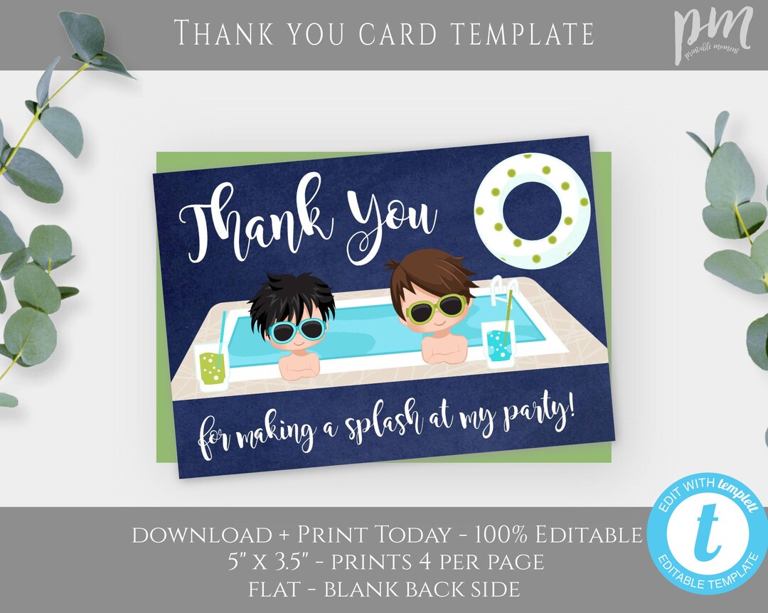 Pool Party Thank You Card Template for Boy, Swimming Pool Birthday ...