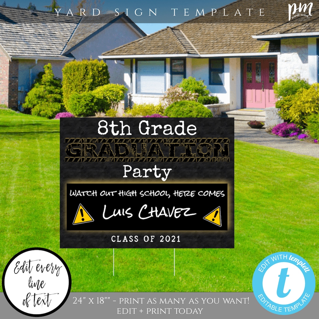 Graduation Yard Sign Template, 8th Grade Graduation Lawn Sign Editable ...