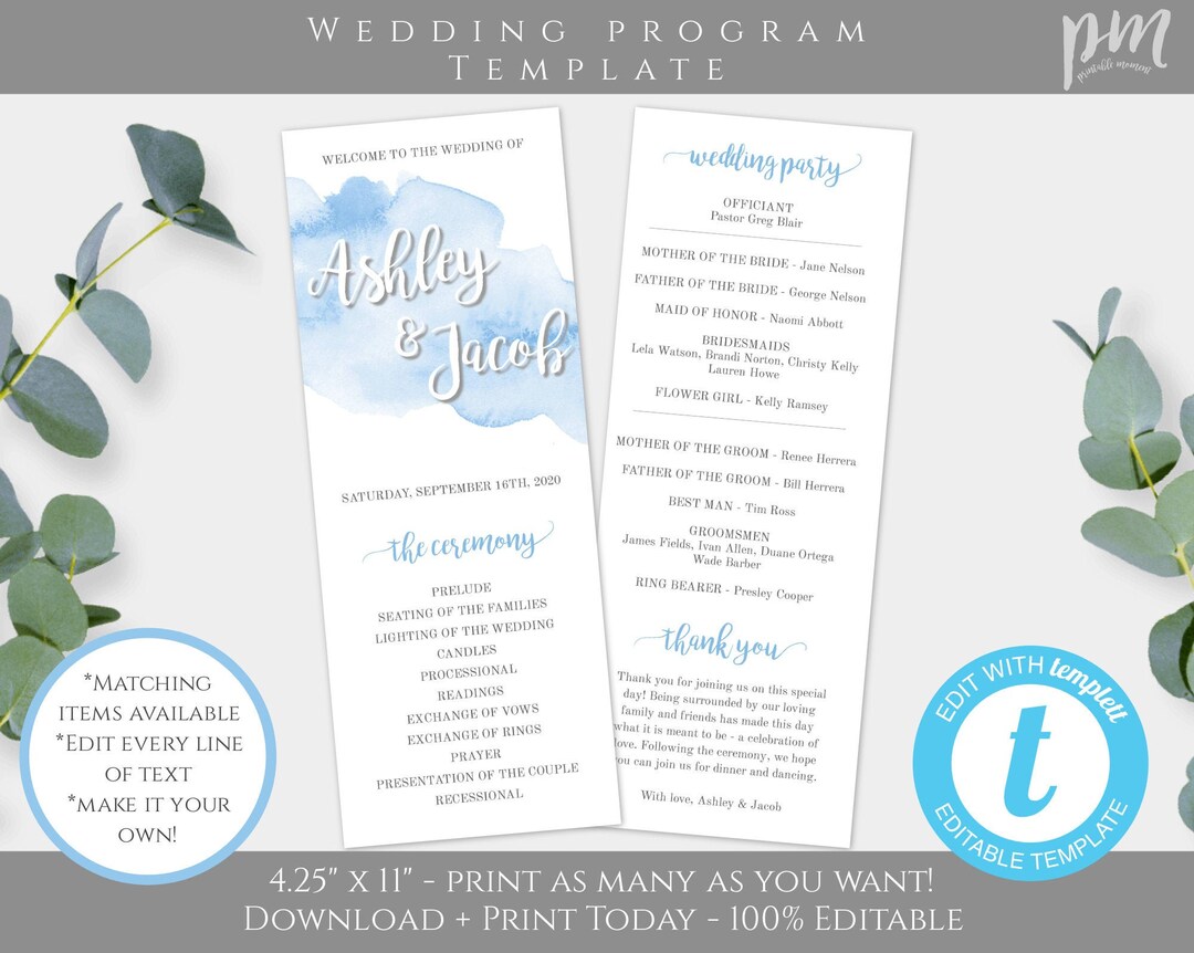 Light Blue Watercolor Wedding Program Template, Printable Program ...