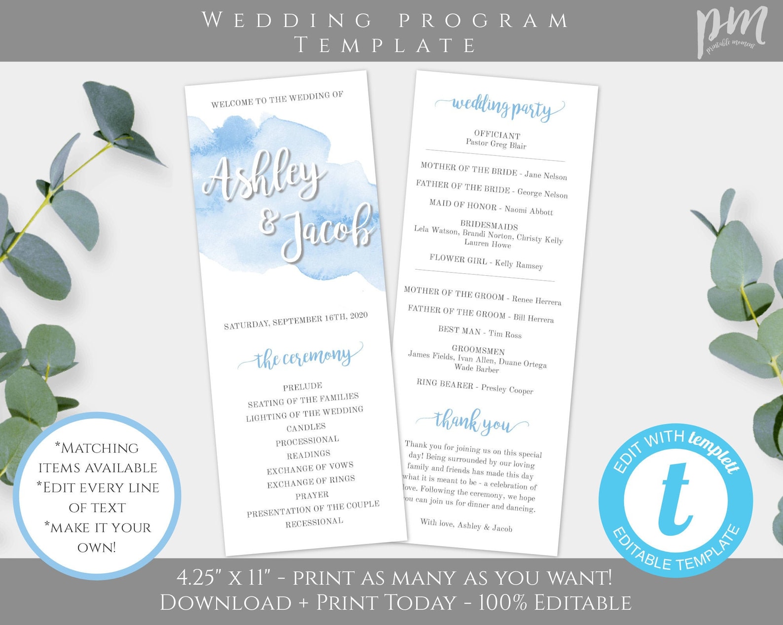 Light Blue Watercolor Wedding Program Template Printable - Etsy