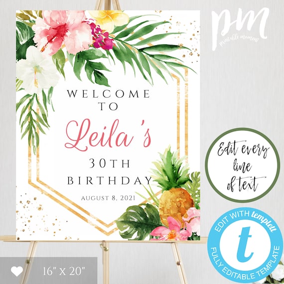 Tropical Birthday Welcome Sign Template 16 X 20 Pineapple | Etsy