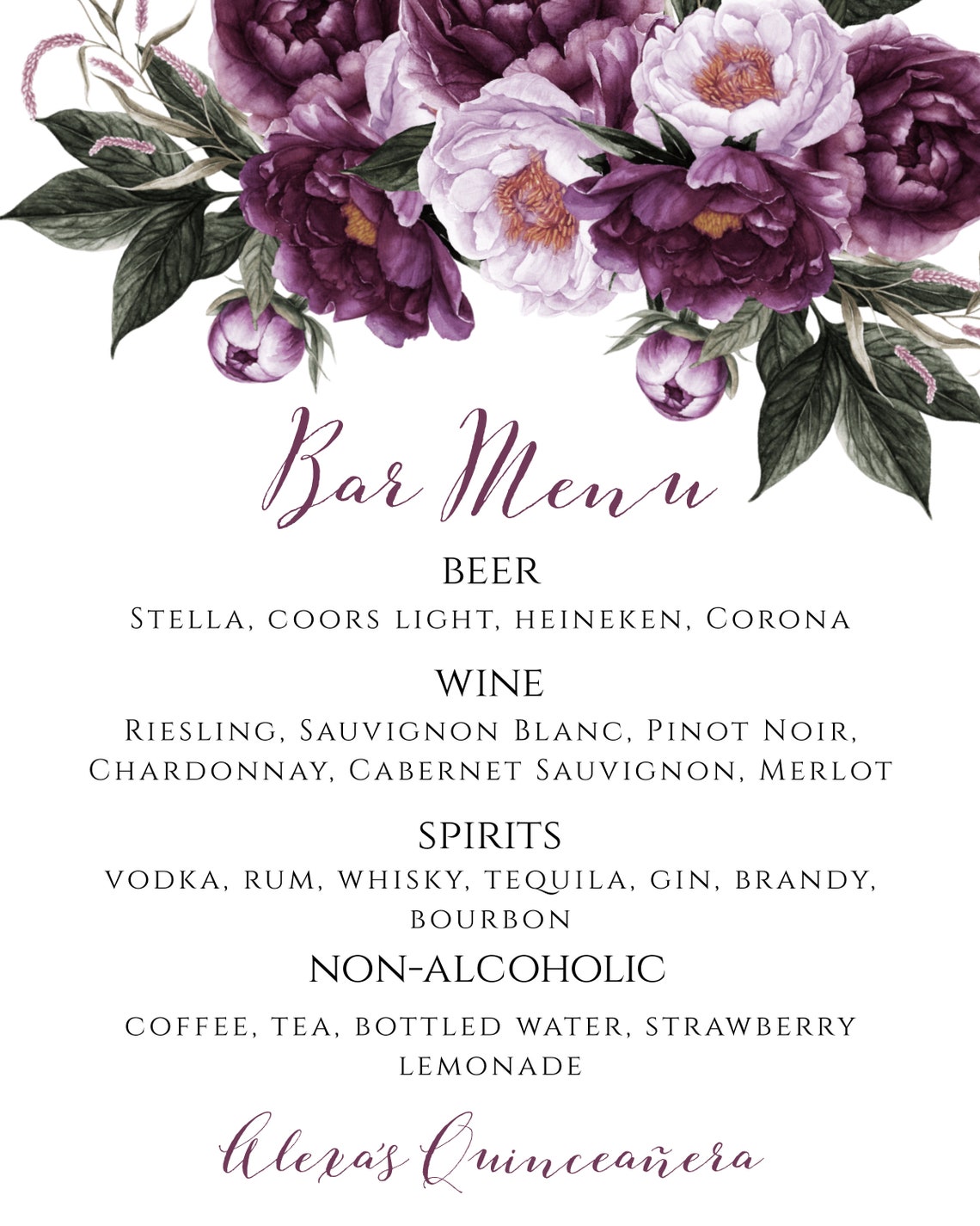 Purple Floral Bar Menu Sign Template Editable Quinceanera | Etsy