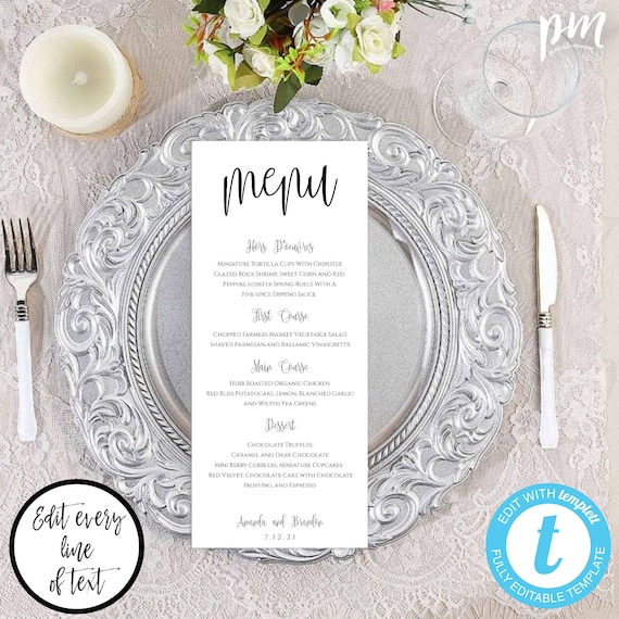 Menu Template for Wedding Script Dinner Menu Printable | Etsy