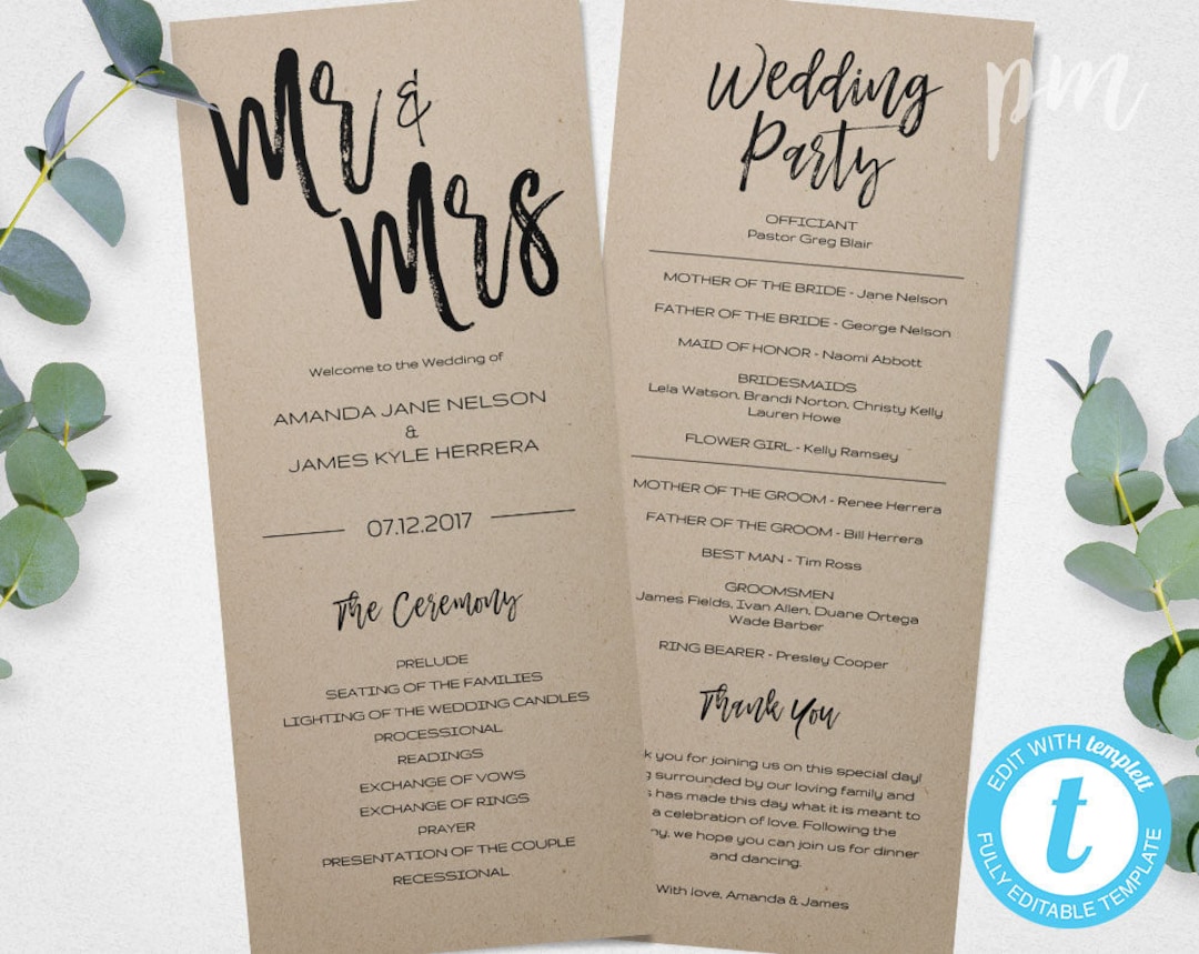 Mr & Mrs Wedding Program Template, 1/2 Page Printable Program, Instant ...