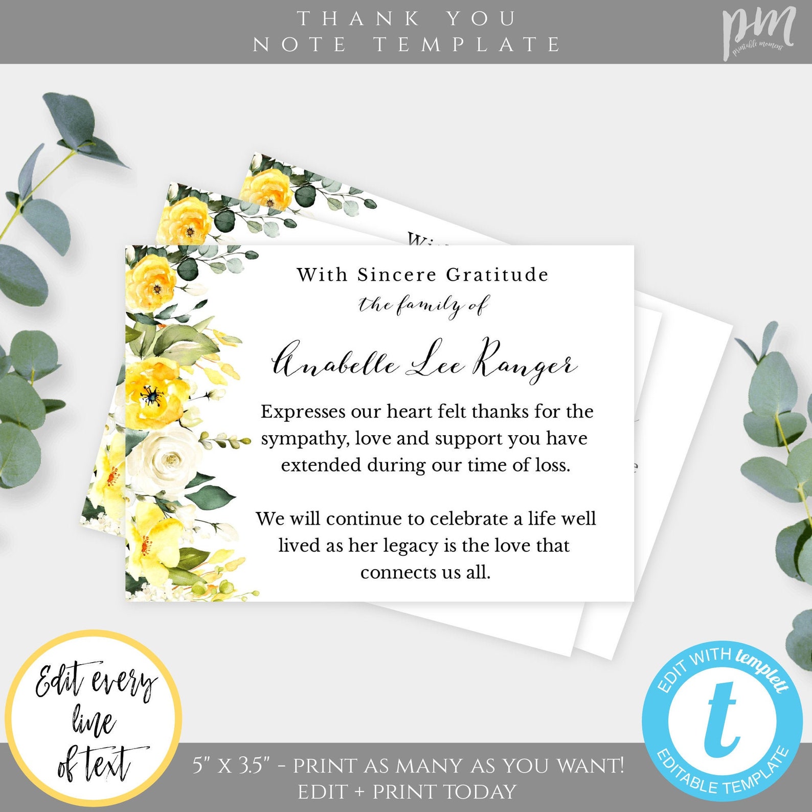 Yellow Floral Funeral Thank You Card Template Memorial Card - Etsy