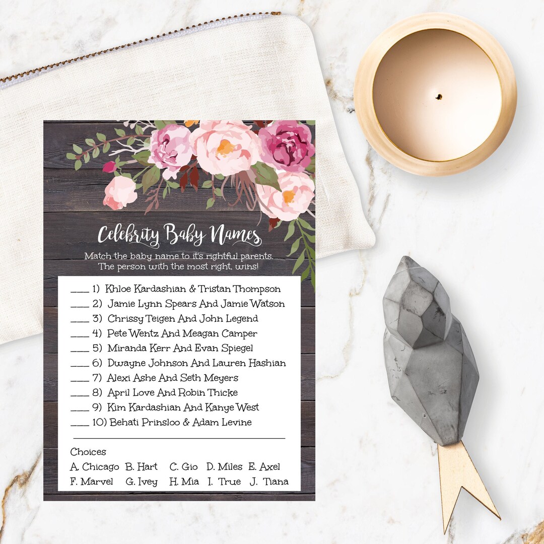 Rustic Floral Celebrity Baby Name Game Template for Girl Baby Shower ...