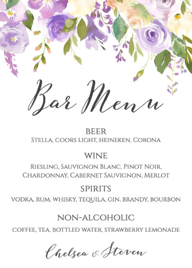 Wedding Bar Menu Template, Printable Purple Bar Menu Sign, Lavender ...