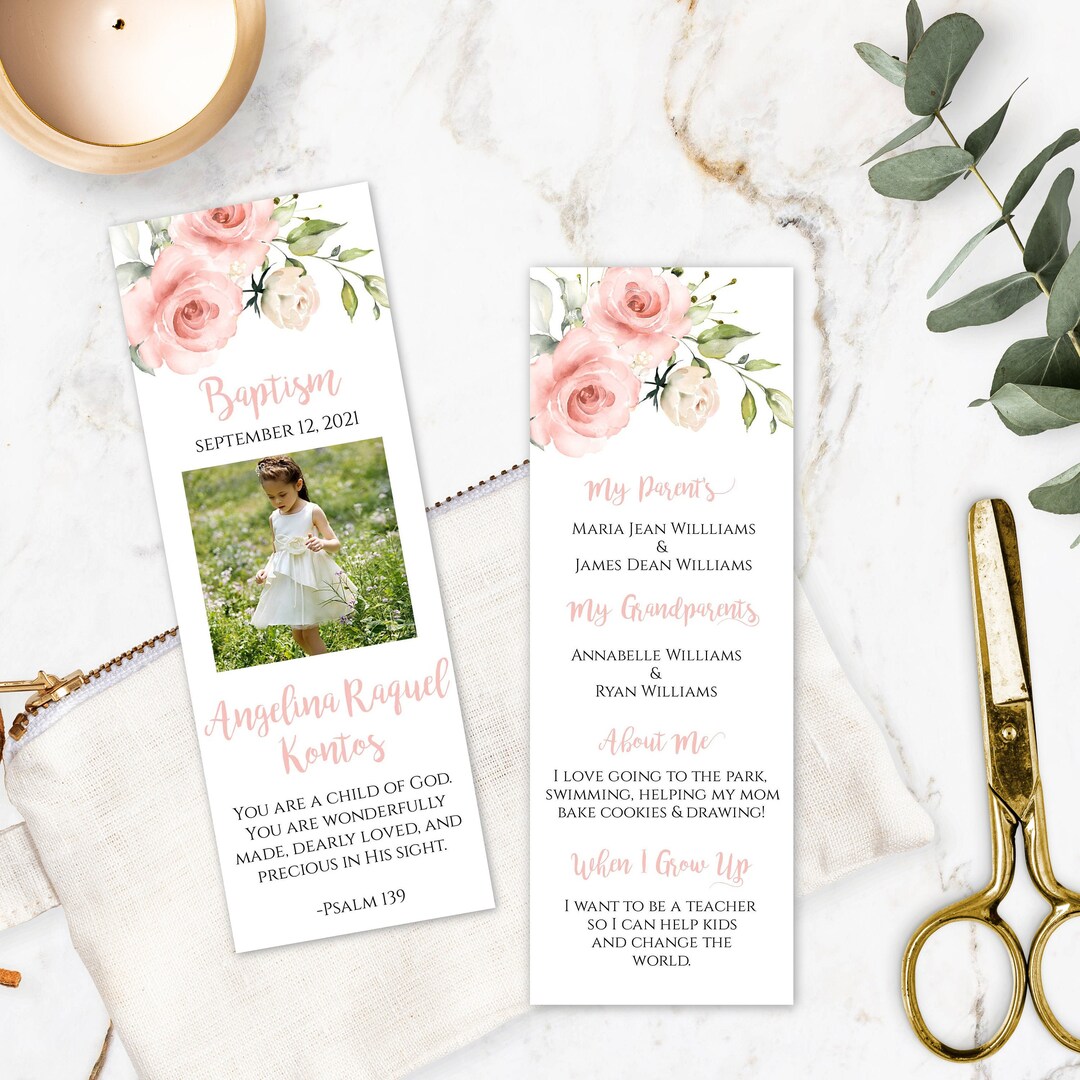 Pink Floral Personalized Bookmark for Baptism, Custom Bookmark Baptism ...