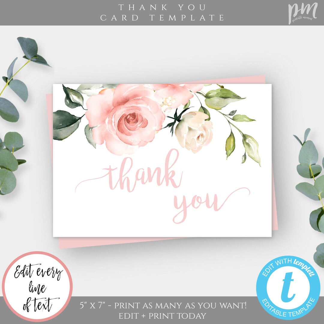 Pink Floral Thank You Note Template, Blush Pink Printable Thank You ...