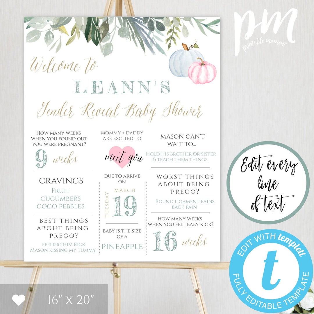 Gender Reveal Pumpkin Pregnancy Stat Board Template, Pregnancy Keepsake ...