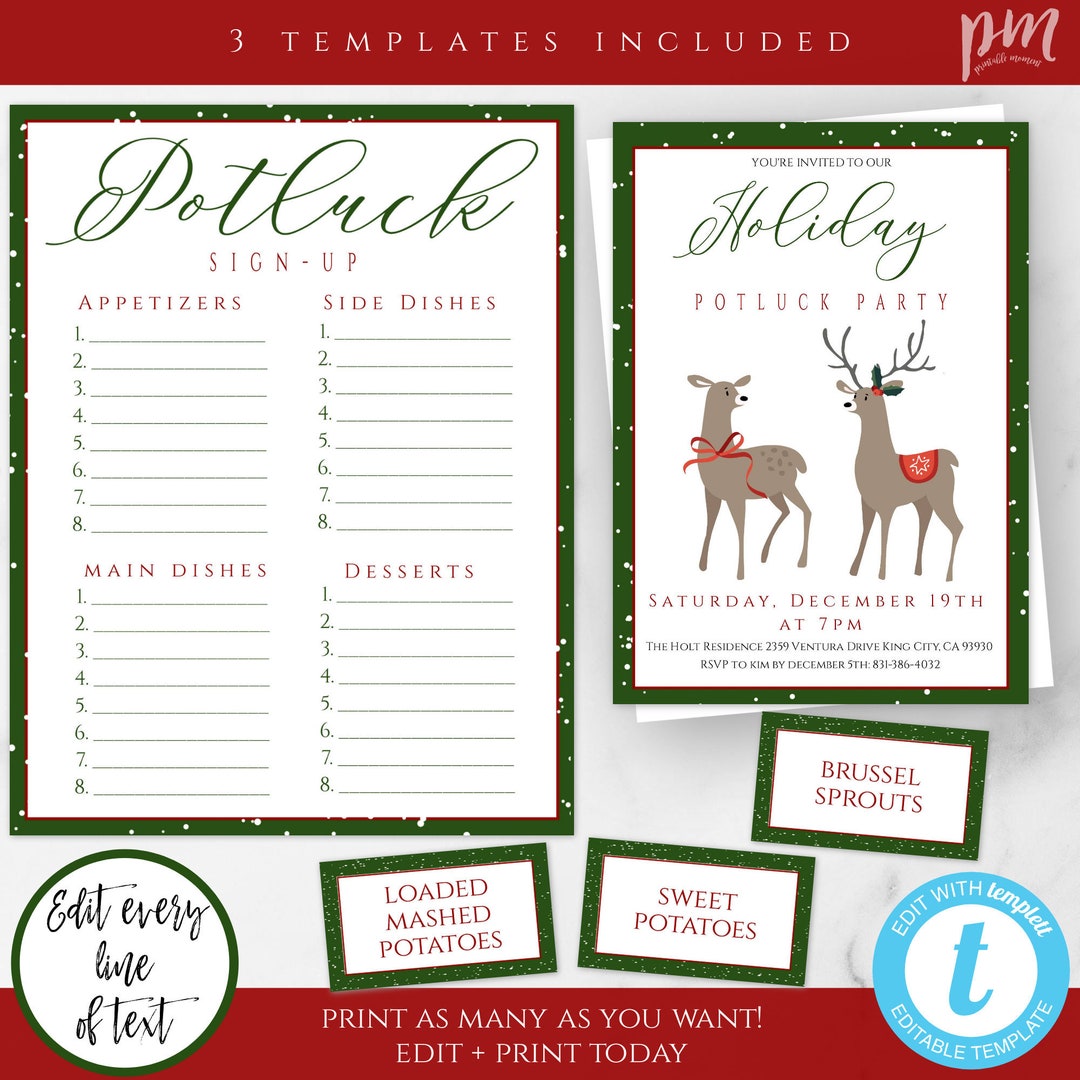 Holiday Potluck Party Invitation Template Set, Potluck Party Invitation ...